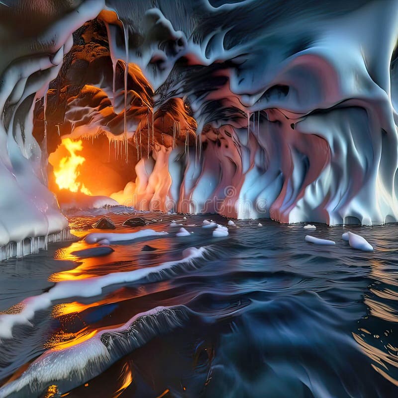 Ice Cave with Reflections of Fire from Flowing Lava from a Volcanic ...