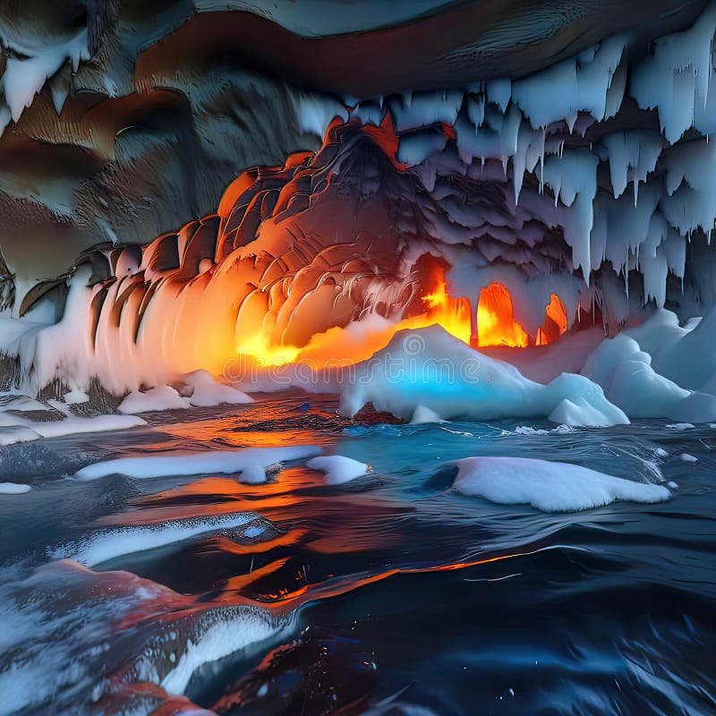 Ice Cave with Reflections of Fire from Flowing Lava from a Volcanic ...