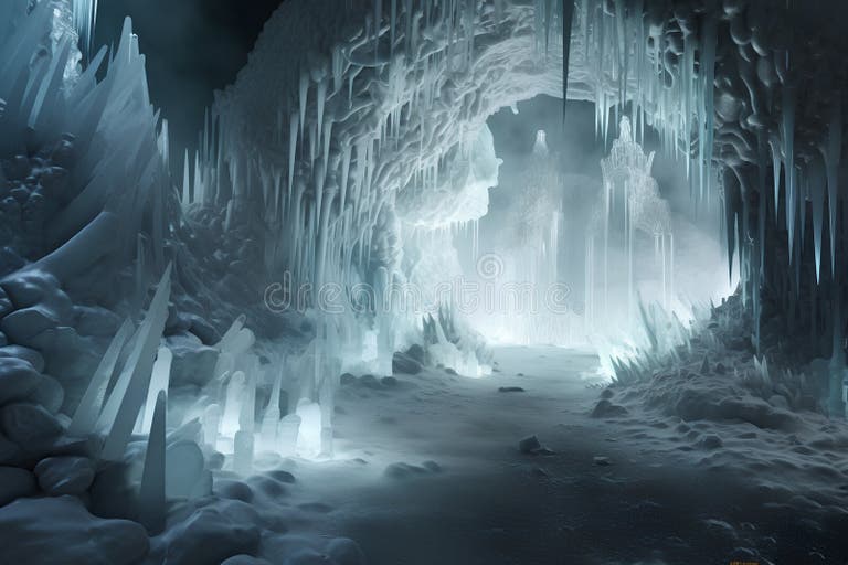 Ice Cave with Stalactites and Stalagmites, 3d Render Stock Illustration ...
