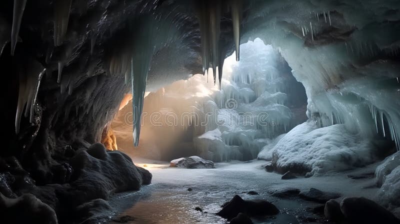 Ice Cave with Stalactites and Stalagmites in Winter Stock Illustration ...