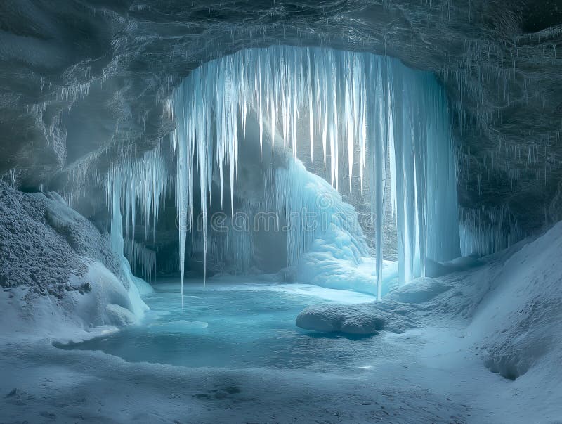 Ice Cavern with Glowing Turquoise Waterfall and Icicles Stock ...