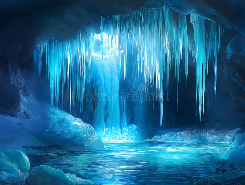 Ice Cavern with Glowing Turquoise Waterfall and Icicles Stock ...
