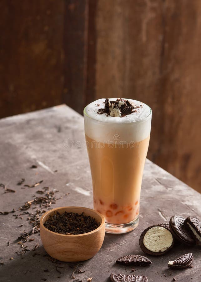 Ice Cheese Milk Tea and Bubble with Chocolate Cookies. Stock Photo ...