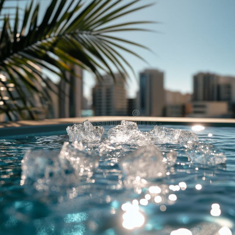 Sunlit Ice Chunks Floating in Reflections on Rooftop Pool Oasis Stock ...