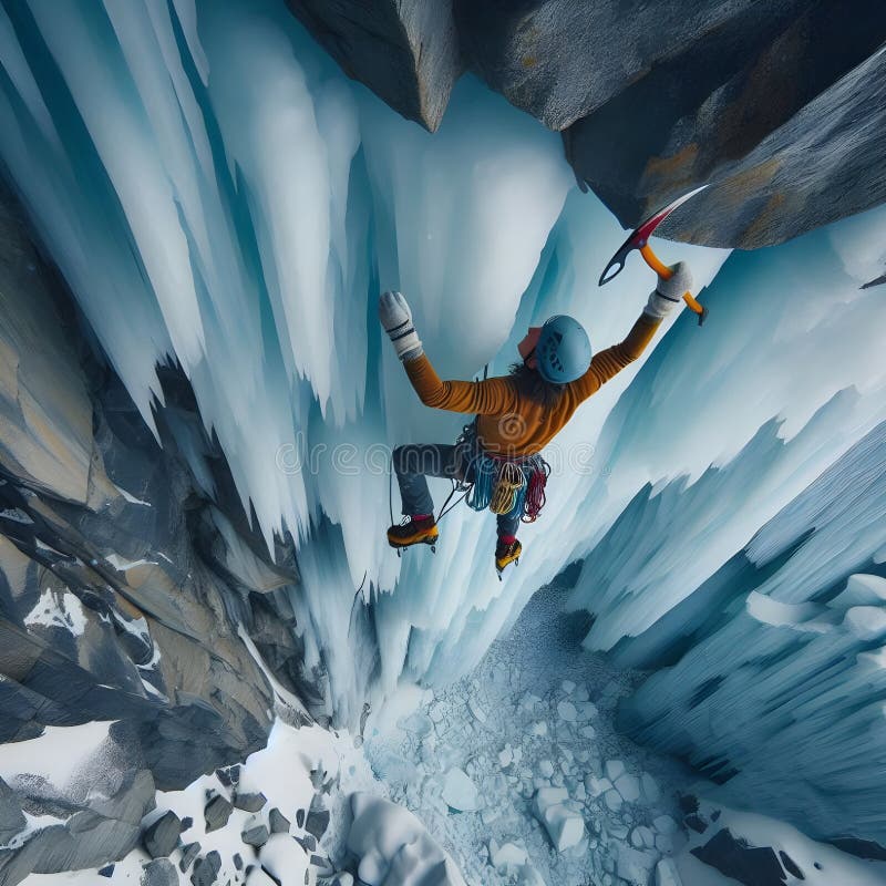 An Ice Climber Hanging and Climbing from a Steep Ice Wall with the Ice ...