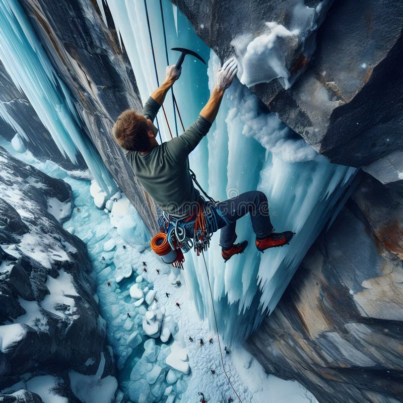 An Ice Climber Hanging and Climbing from a Steep Ice Wall with the Ice ...