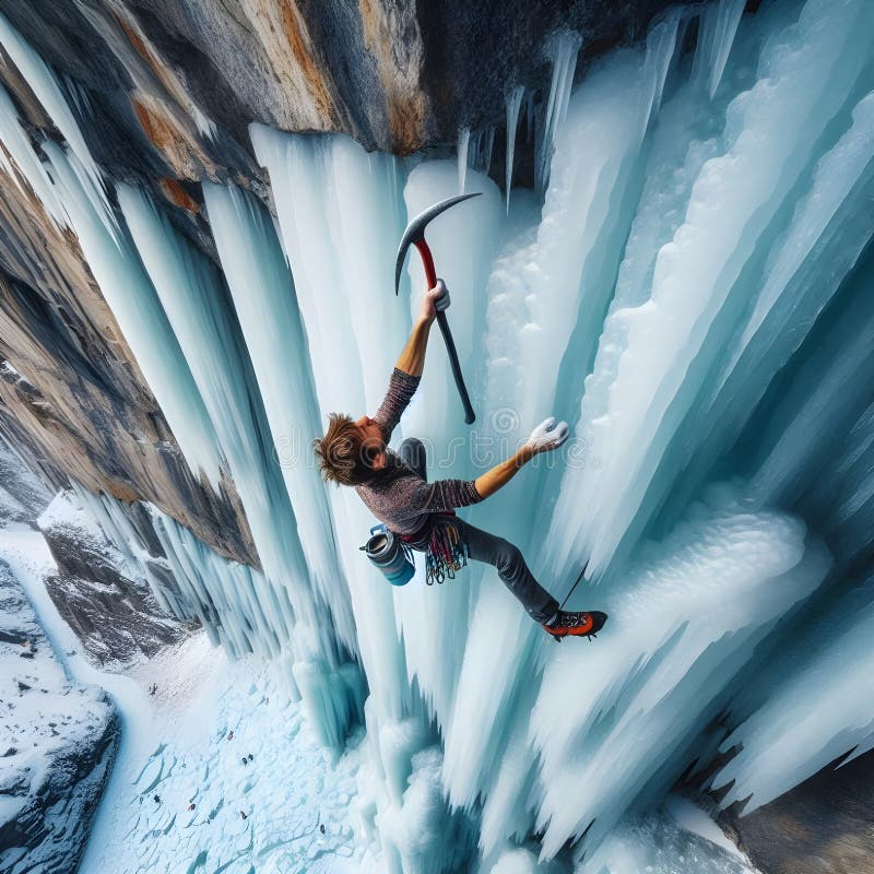 An Ice Climber Hanging and Climbing from a Steep Ice Wall with the Ice Ax and Skill Holding the ...