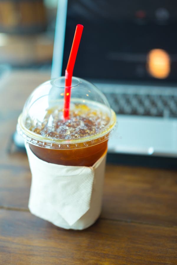 Ice Coffee Americano with Laptop Notebook Stock Photo - Image of screen ...