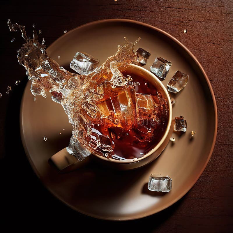 Ice Coffee Cup on a Plate, a Wave of Ice Cube Hit the Cup with ...