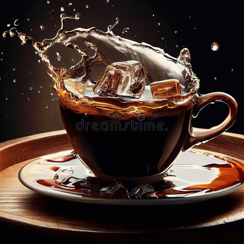 Ice Coffee Cup on a Plate, a Wave of Ice Cube Hit the Cup with ...