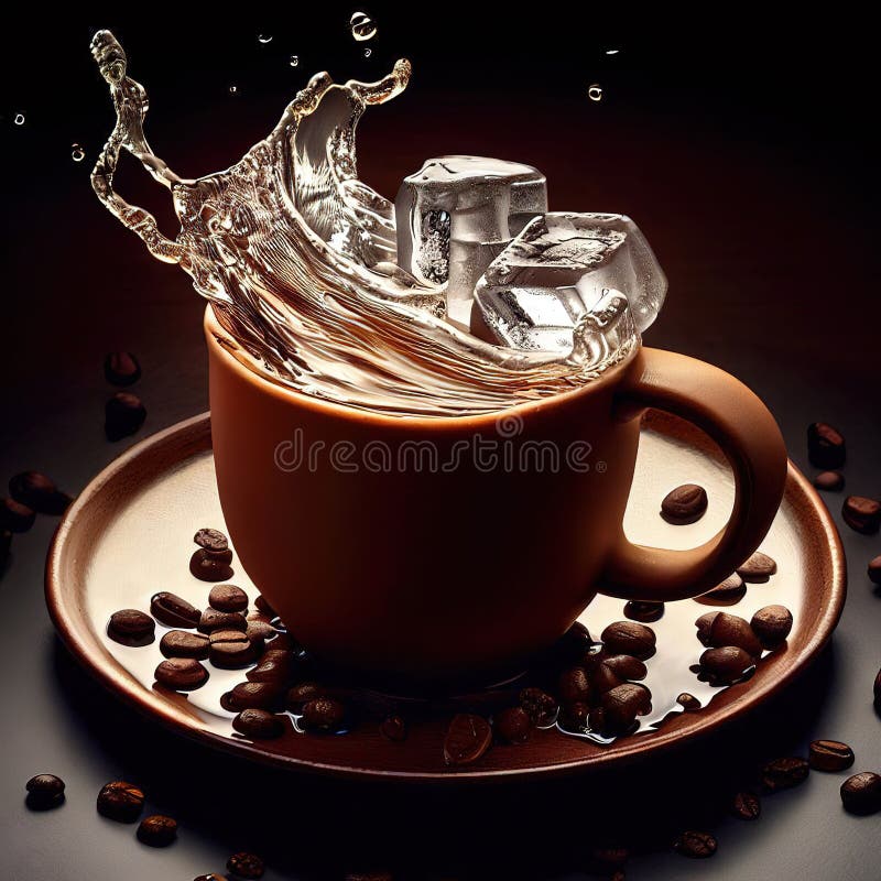 Ice Coffee Cup on a Plate, a Wave of Ice Cube Hit the Cup with ...