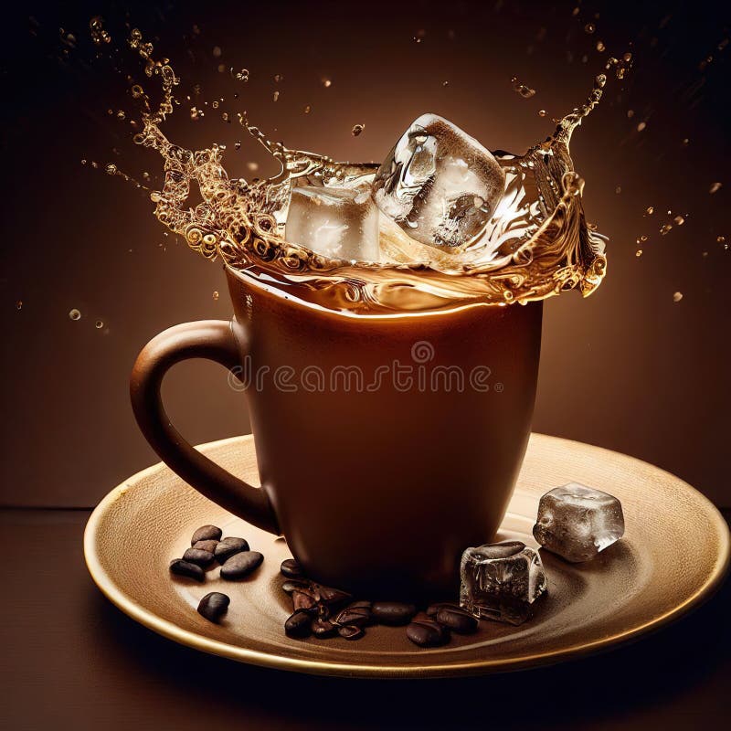 Ice Coffee Cup on a Plate, a Wave of Ice Cube Hit the Cup with ...