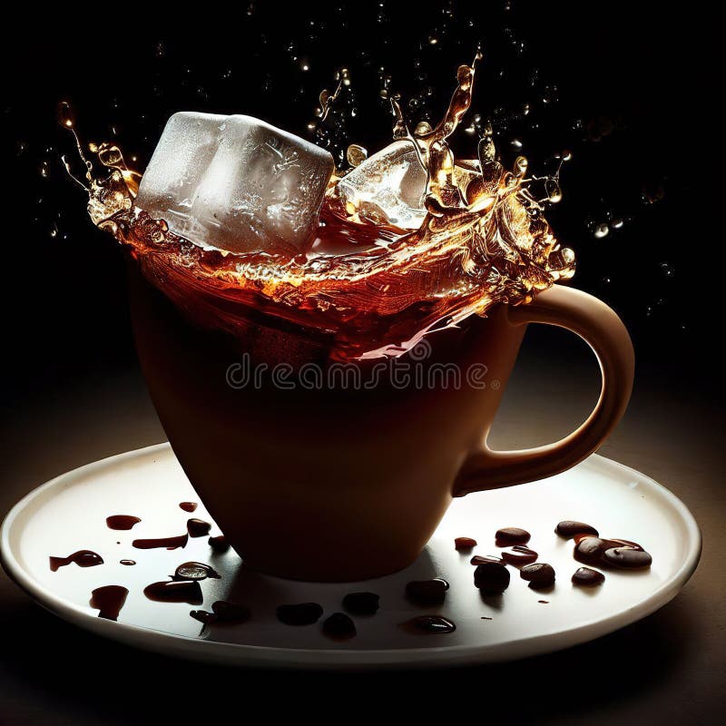 Ice Coffee Cup on a Plate, a Wave of Ice Cube Hit the Cup with ...
