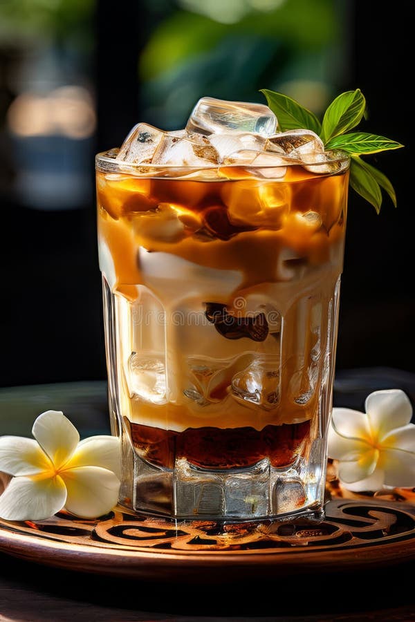 Ice Coffee in a Tall Glass with Cream Poured Over, Coffee Ice Cubes ...