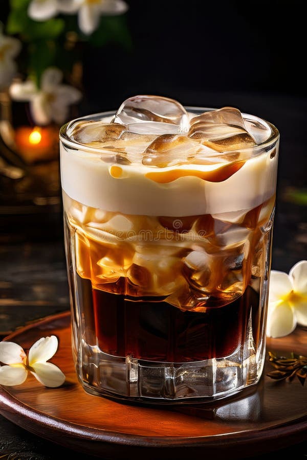 Ice Coffee in a Tall Glass with Cream Poured Over, Coffee Ice Cubes ...