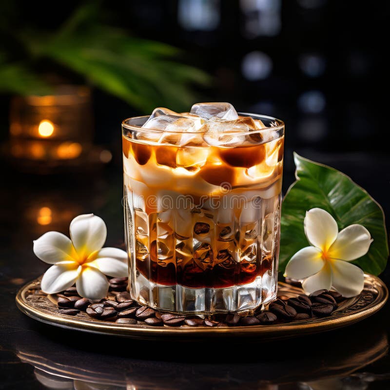 Ice Coffee in a Tall Glass with Cream Poured Over, Coffee Ice Cubes ...