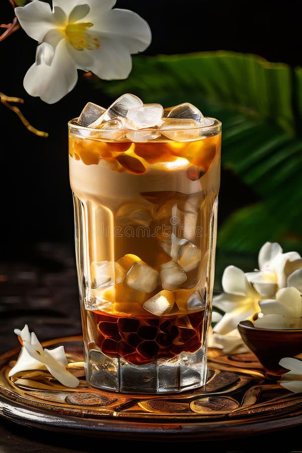 Ice Coffee in a Tall Glass with Cream Poured Over, Coffee Ice Cubes ...