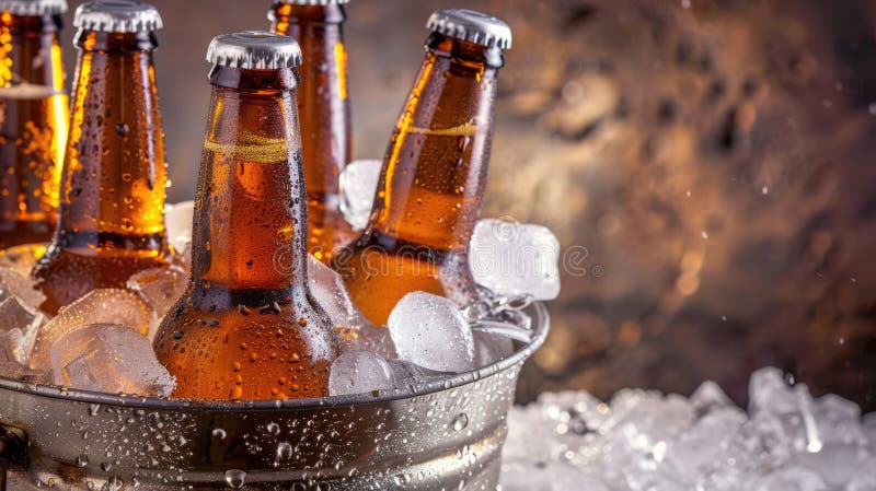 Ice-cold Beer Bottles in a Bucket Filled with Ice, Condensation Forming ...