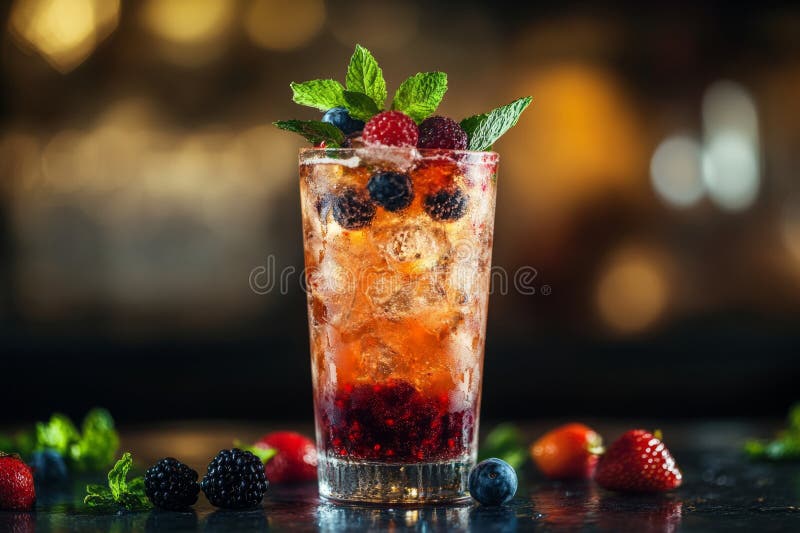 Ice Cold Cocktail with Berries and Mint Leaves on a Bar Counter with a ...