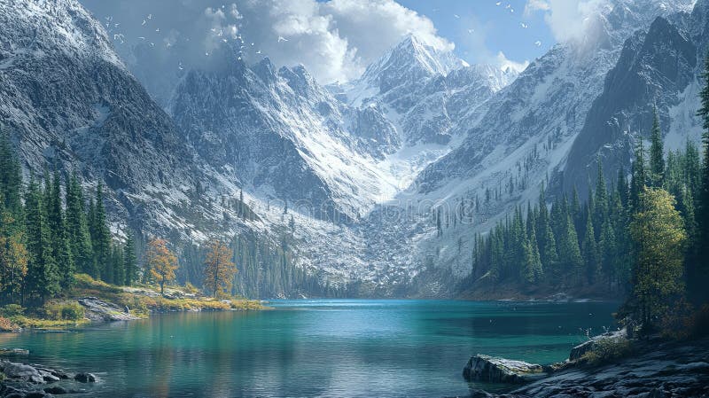 Ice-cold Crystal-clear Lake Nestled between Towering Mountains. Stock ...