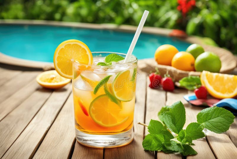 Refreshing Summer Drink by the Pool Stock Image - Image of juicy ...