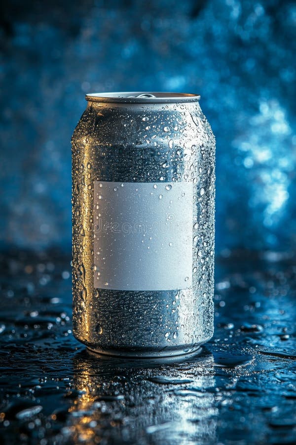 Ice Cold Refreshment Aluminum Can with Condensation and Blank Label on ...