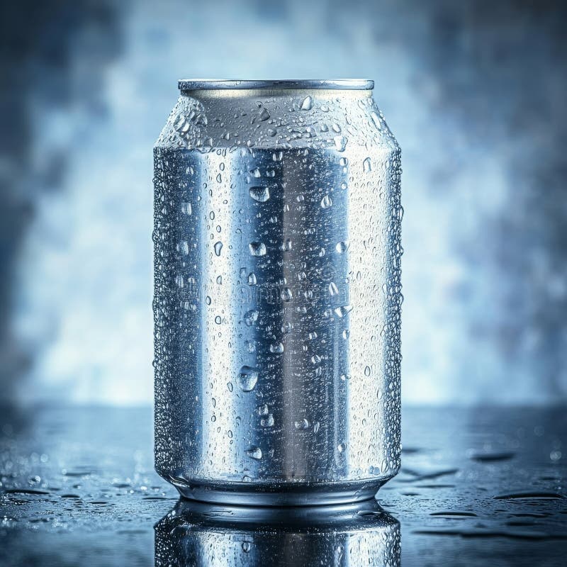 Ice Cold Refreshment Aluminum Can with Condensation on a Reflective ...