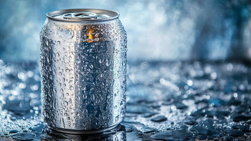 Ice Cold Refreshment Close-Up of a Blank Aluminum Can with Condensation ...