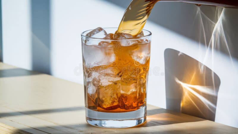 Ice-cold Soft Drink Flowing into a Glass with Ice on a Bright ...