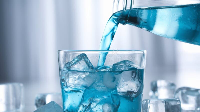 Ice-cold Soft Drink Flowing into a Glass with Ice on a Bright ...