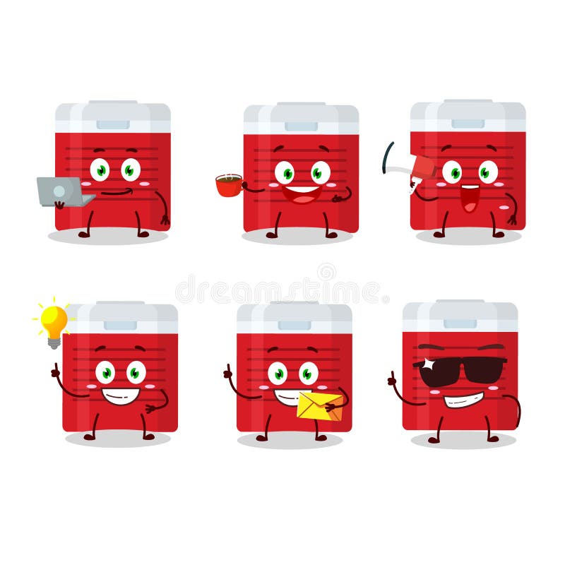 Ice Cooler Cartoon Character with Various Types of Business Emoticons ...