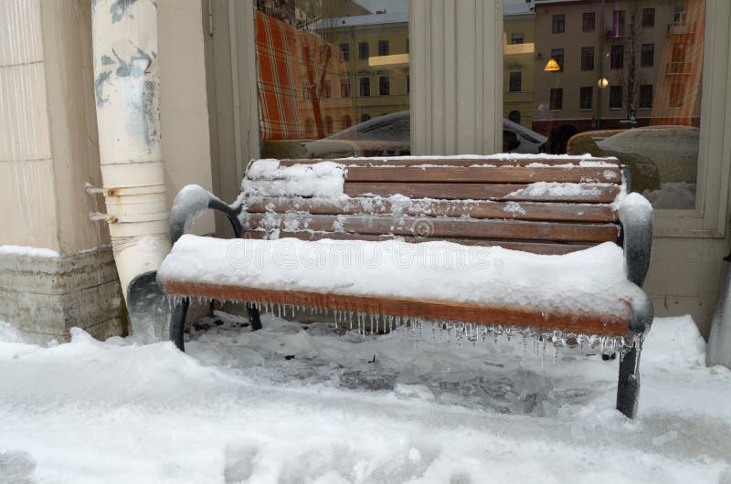 Ice-covered Bench on the Street. Stock Photo - Image of winter, bench ...