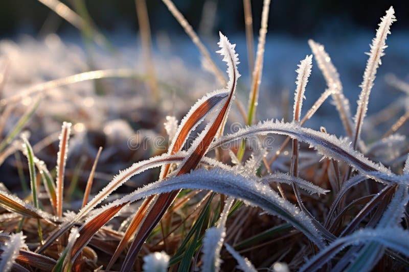 Ice-covered Grass Blades Bending Under the Weight of Frost Stock ...