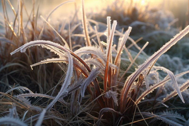 Ice-covered Grass Blades Bending Under the Weight of Frost Stock ...