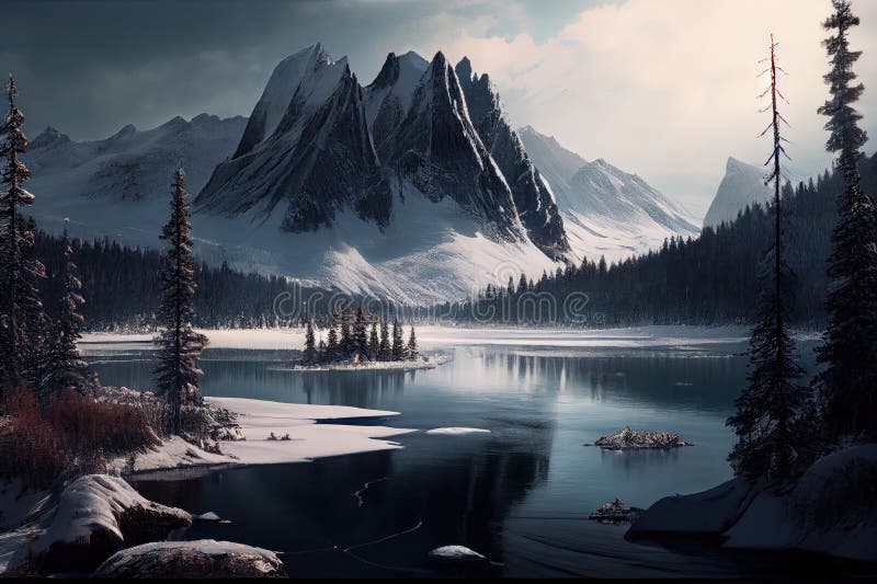 Ice-covered Lake, with View of Towering Mountain Range in the ...