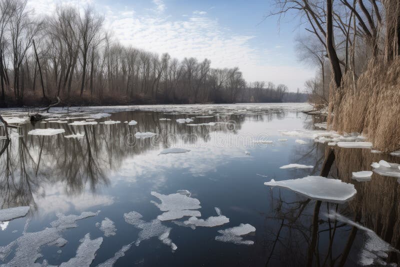 Ice-covered River, with the Reflection of the Sky Visible Above Stock ...