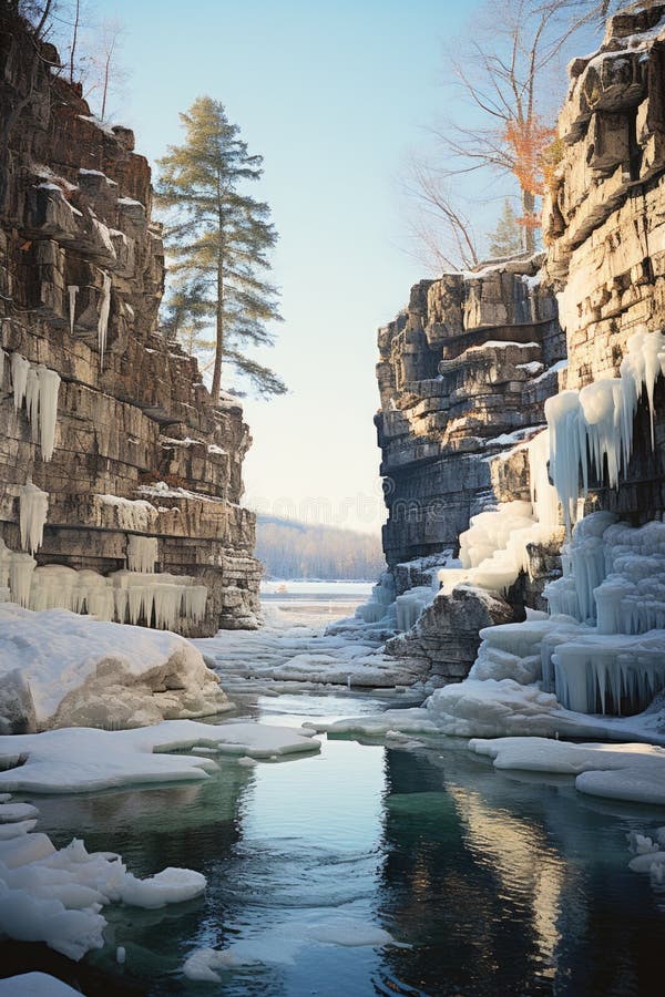 Ice Covered Rocks and Water in a River, AI Stock Illustration ...
