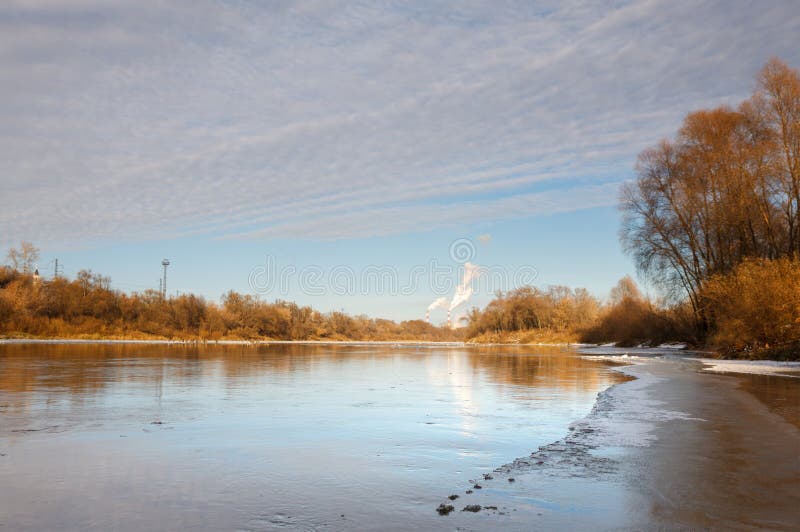 Ice Covering River in Frosty Day Stock Photo - Image of river, park ...