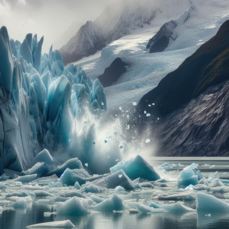 Ice Cracks and Falls Dramatically from Moving Glacier Stock ...