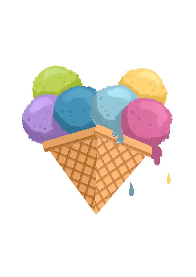 Ice Cream Balls Illustration. Sweat Heart. Ice Cream in a Waffle Cone ...