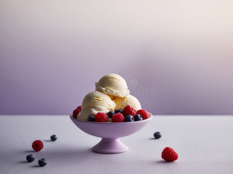 Ice Cream and Berries on Matching Pastel Violet Background. Stock Photo ...