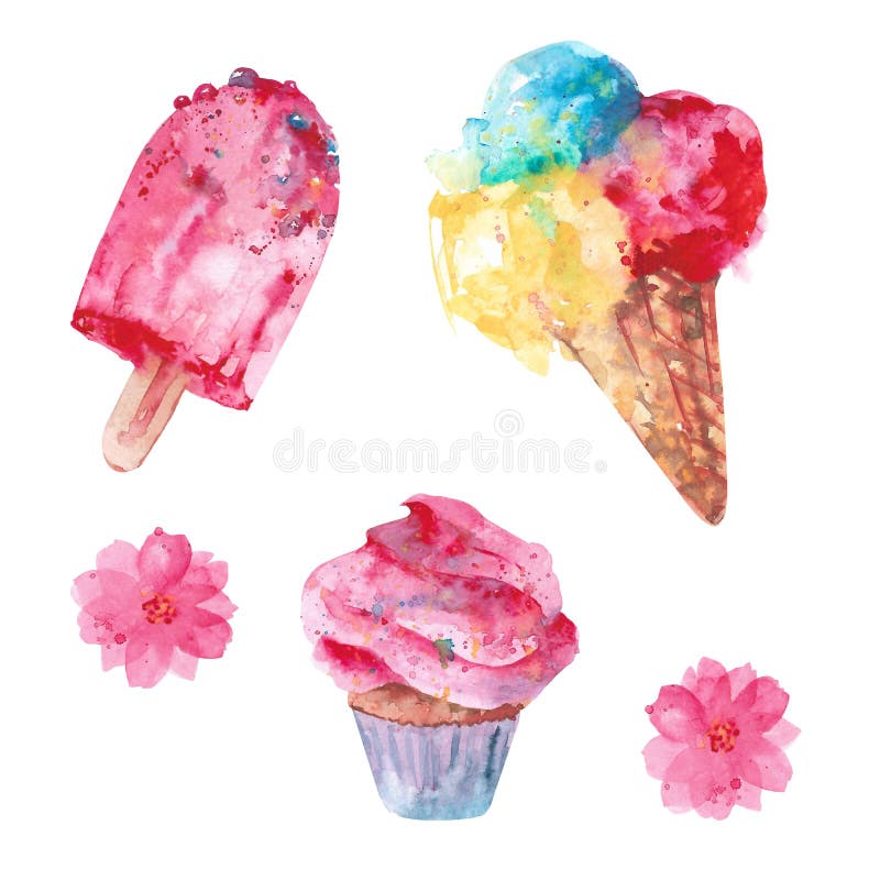 Ice Cream and Cake. Spring Collection of Pink Ice Cream and Cupcake ...