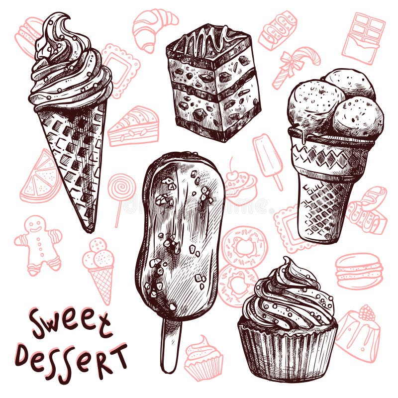 Ice Cream and Cakes Sketch Set Stock Vector - Illustration of cake ...