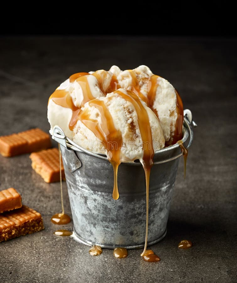 Ice Cream with Caramel Sauce Stock Photo - Image of background, scoop ...