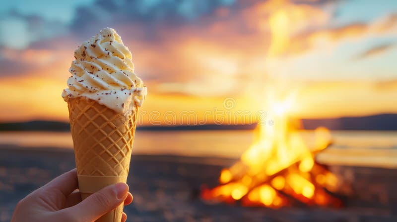 Ice Cream Cone by Beach Bonfire at Sunset Stock Illustration ...