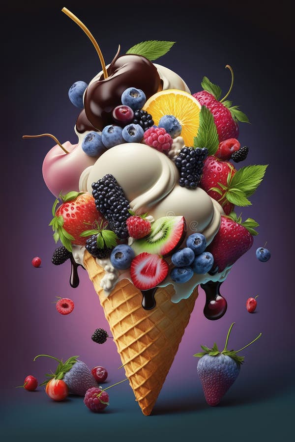 Ice Cream Cone with Berries and Fruits. Stock Image - Image of vanilla ...