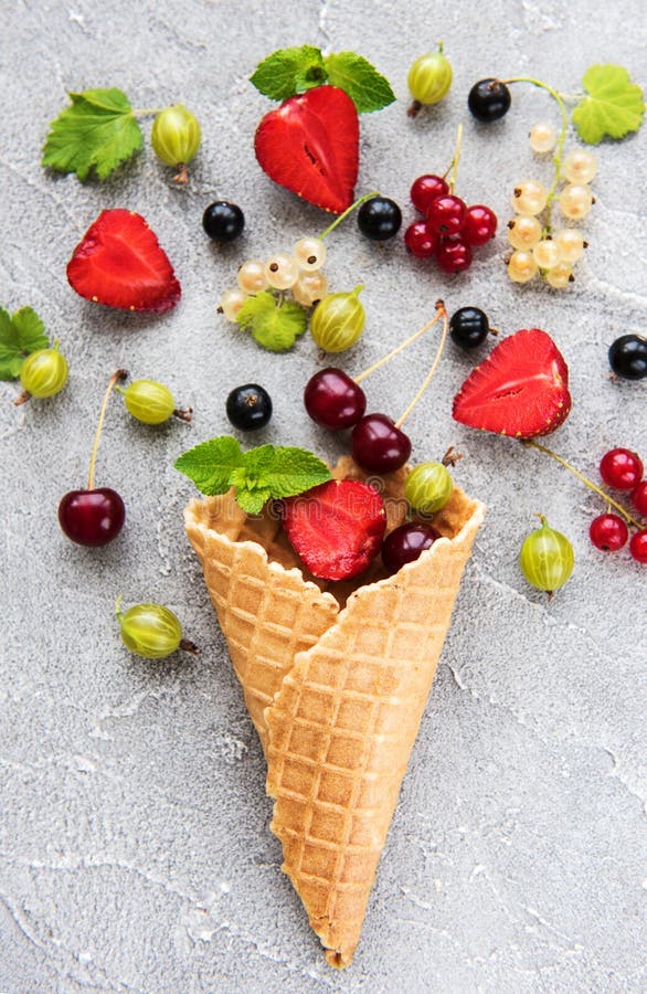 Ice Cream Cone with Berries Stock Image - Image of space, healthy ...