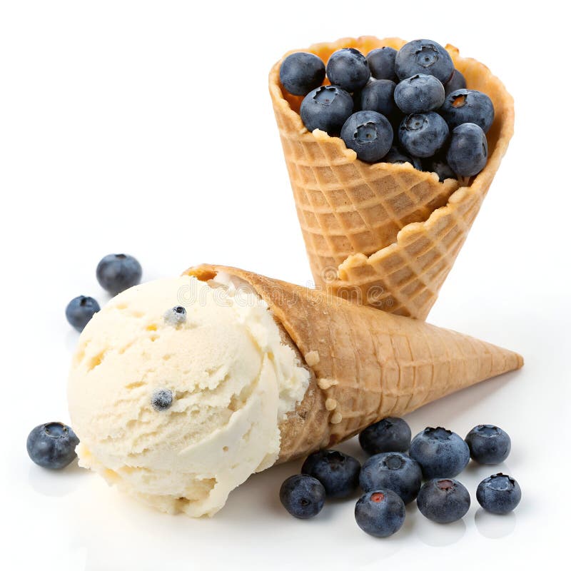 Ice Cream Cone with Blueberries and Ice Cream Square on White ...
