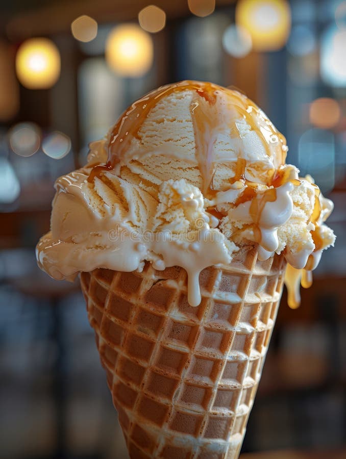 Ice Cream Cone with Caramel Drizzle, Close-up, Melting. Stock Photo ...