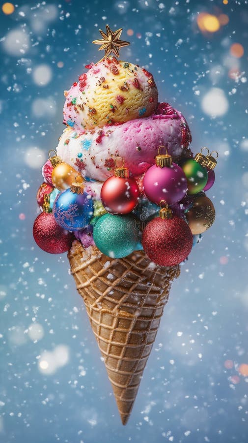 Ice Cream Cone with Christmas Ornaments and Snowflakes Stock Photo ...